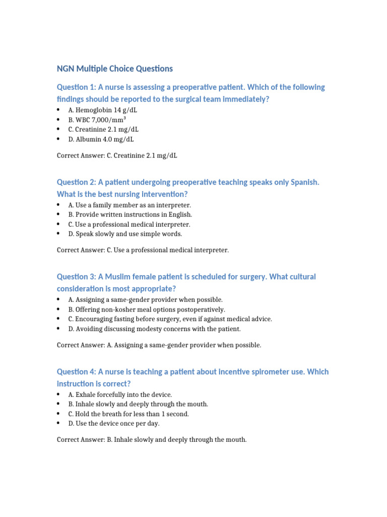 NGN Nursing Exam Practice Questions | PDF | Urine | Diseases And Disorders