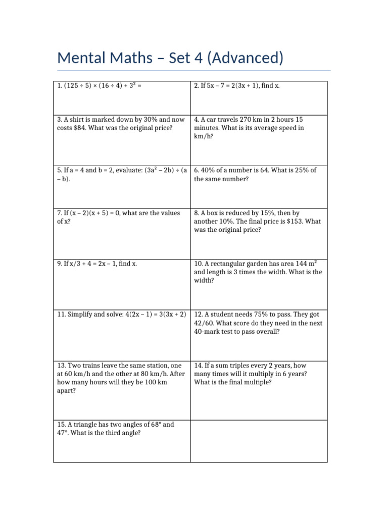 Advanced Mental Maths for Grade 4 | PDF