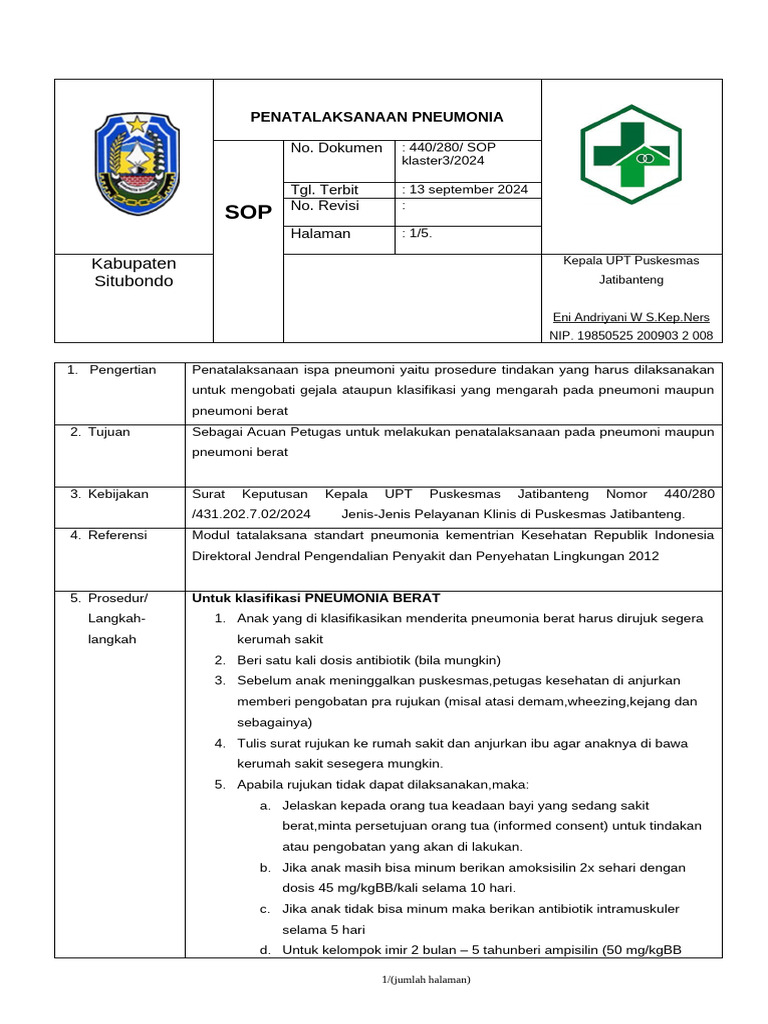 SOP Penatalaksanaan Pneumonia 2023 | PDF