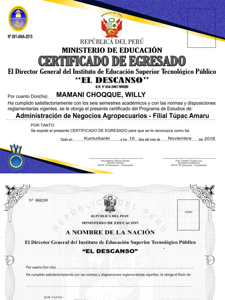 Certificado de Egresado IESTP El Descanso | PDF