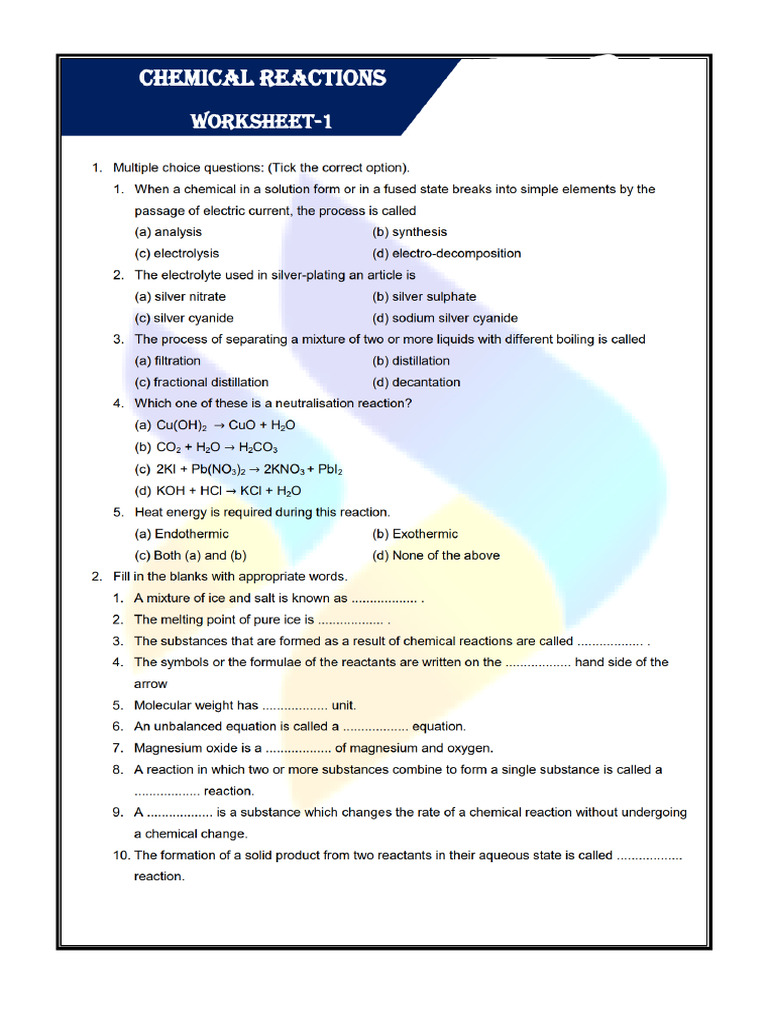 Chemical Reactions Class 8 Exam | PDF