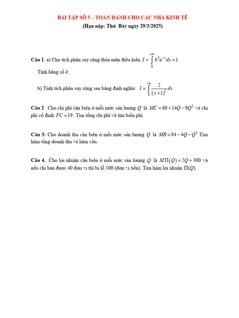 Bai Tap So 5 - Toan Danh Cho Cac Nha Kinh Te | PDF