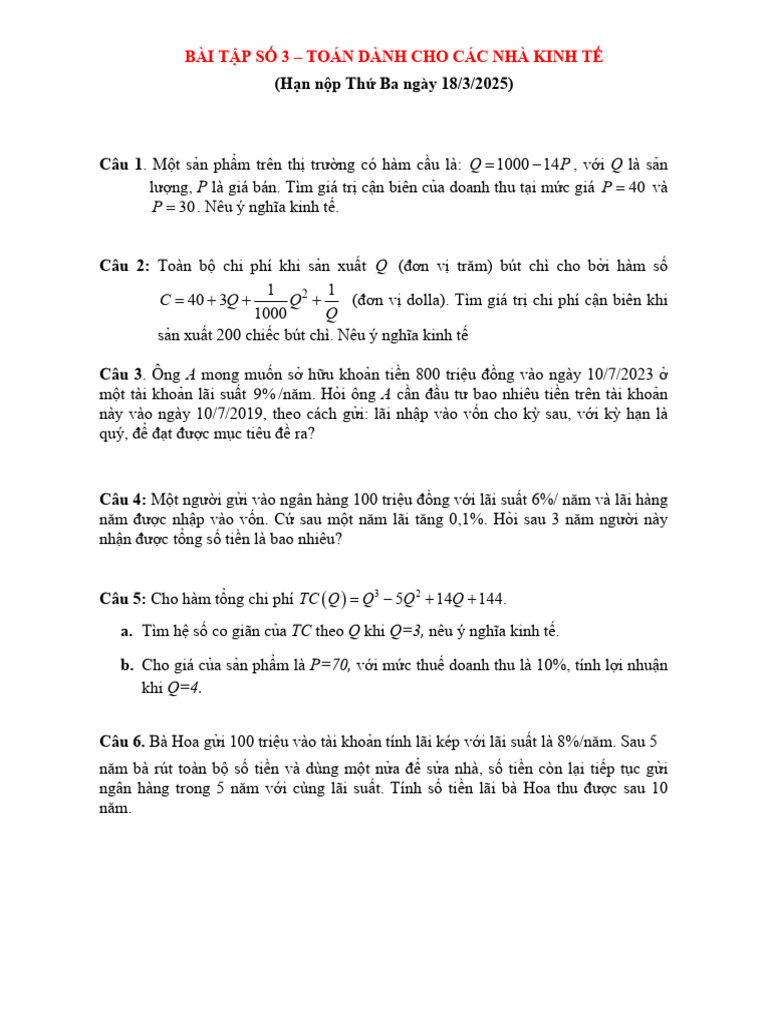 Bai Tap So 3 - Toan Danh Cho Cac Nha Kinh Te | PDF
