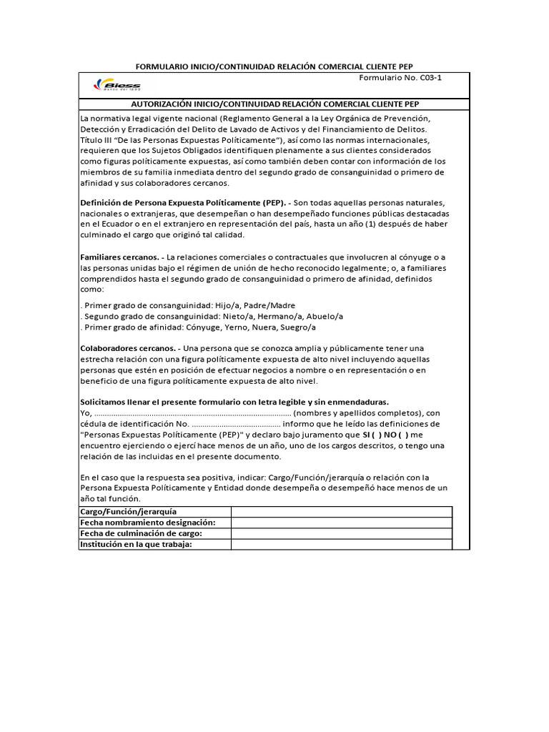 Formulario Inicio-Continuidad Relación Comercial Cliente Pep | PDF | Justicia | Crimen y violencia