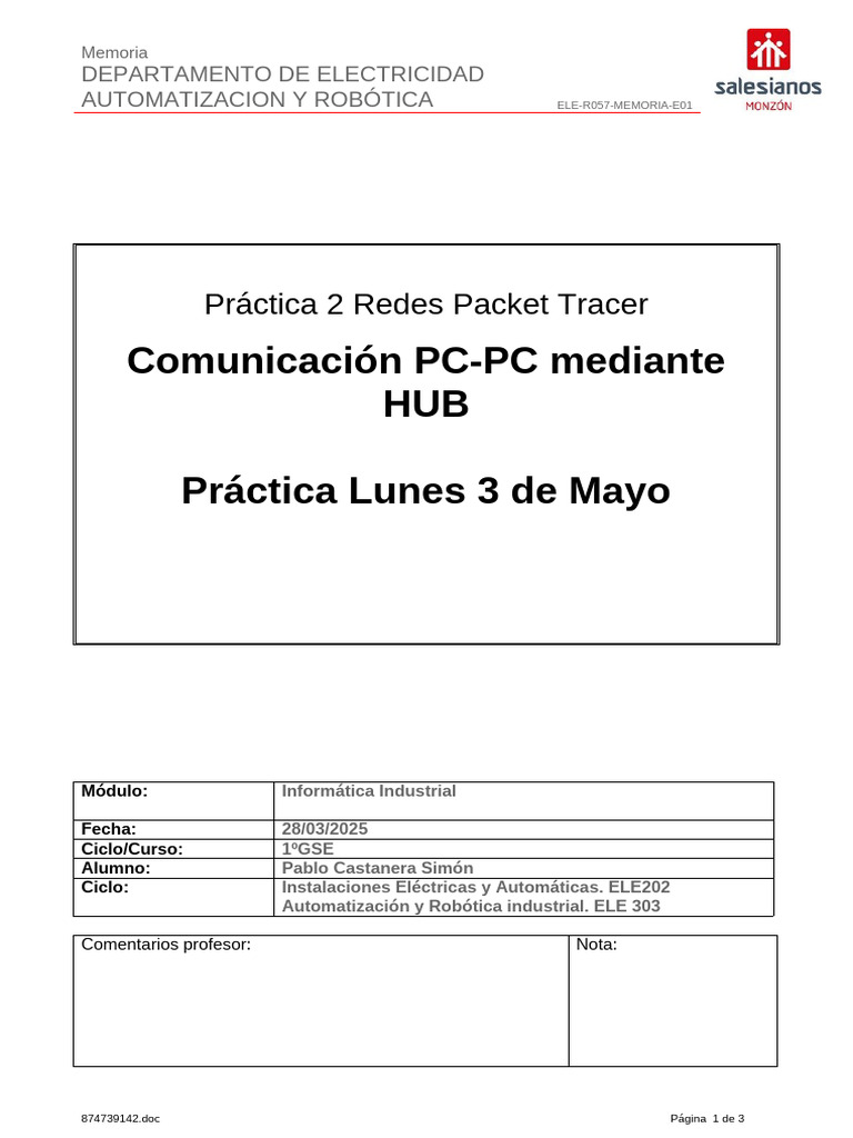 Práctica de Redes con HUB en Packet Tracer | PDF | Dirección IP ...