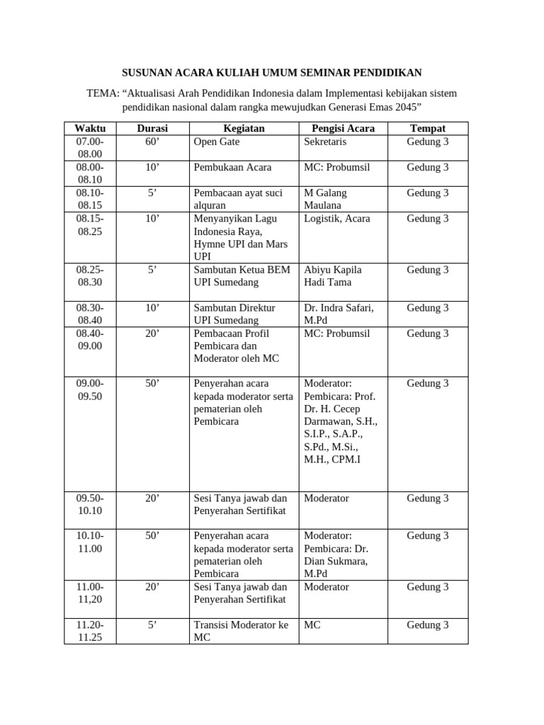 Susunan Acara Kuliah Umum Seminar Pendidikan-1 | PDF