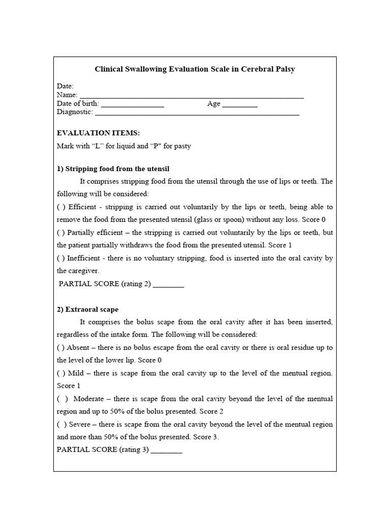 CLINICAL SWALLOWING EVALUATION SCALE IN CHILDREN WITH CEREBRAL PALSY ...