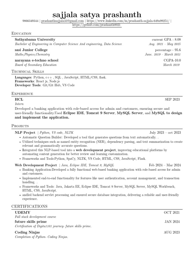 SIST-BE-CSE-41111105 Sajjala Satya Prasanth 2 | PDF | My Sql | Web Development