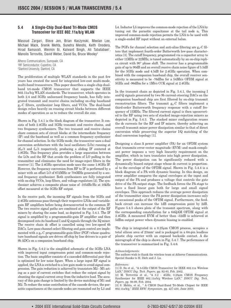 SingleChip DualBand TriMode CMOS Transceiver for IEEE 802.11a-b-g WLAN ...