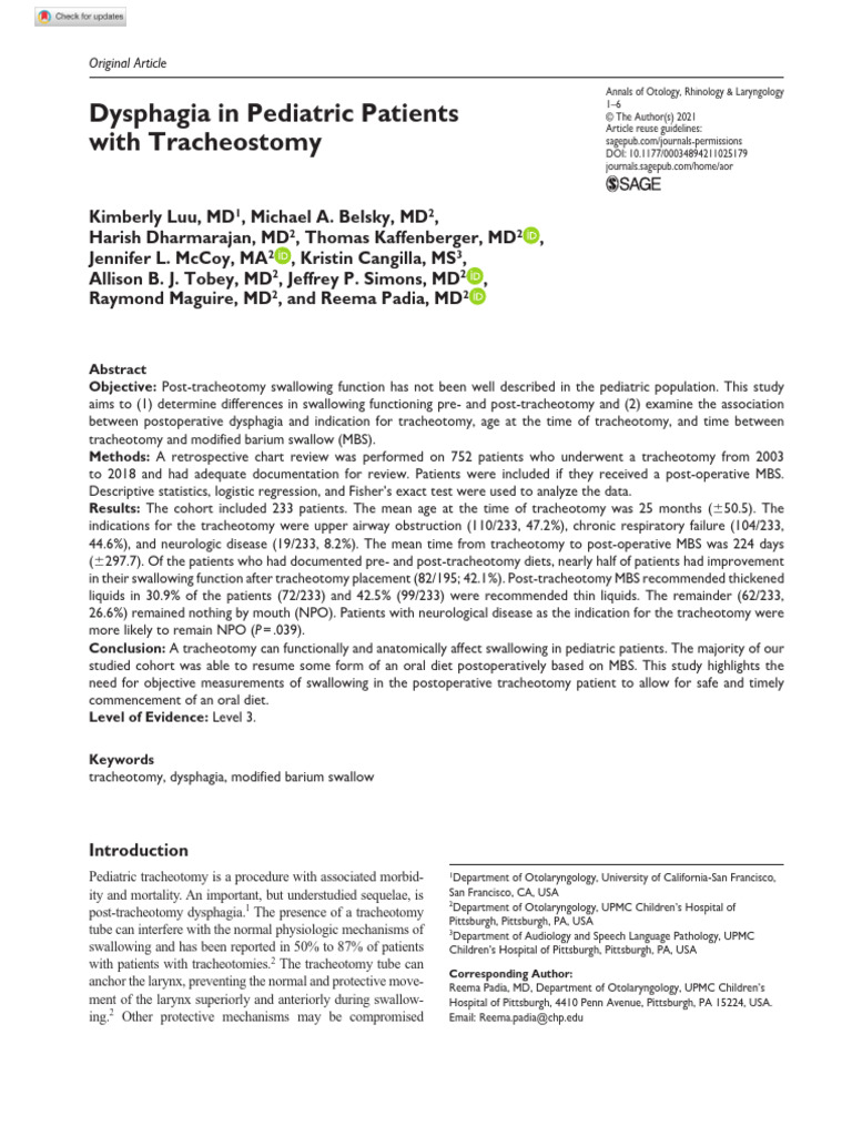 Dysphagia in Pediatric Patients With Tracheostomy | PDF | Medical ...