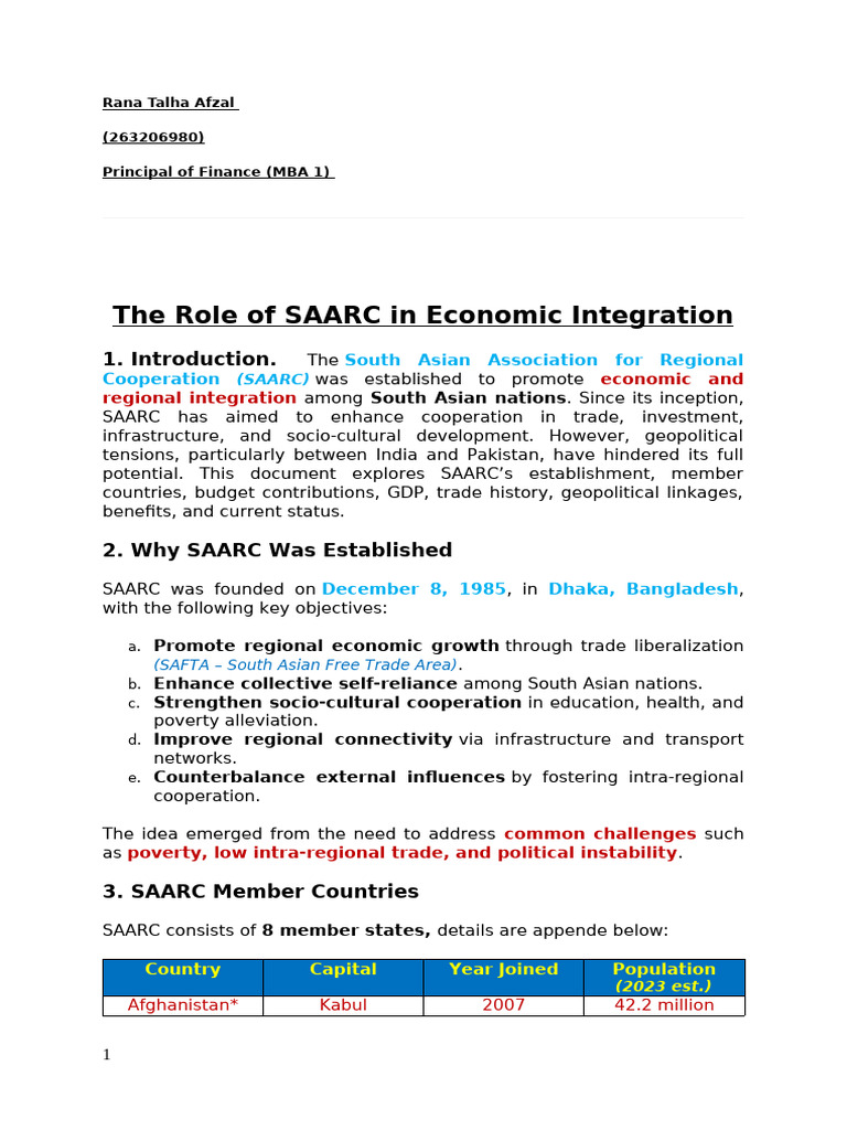 The Role of SAARC in Economic Integration | PDF | Economies