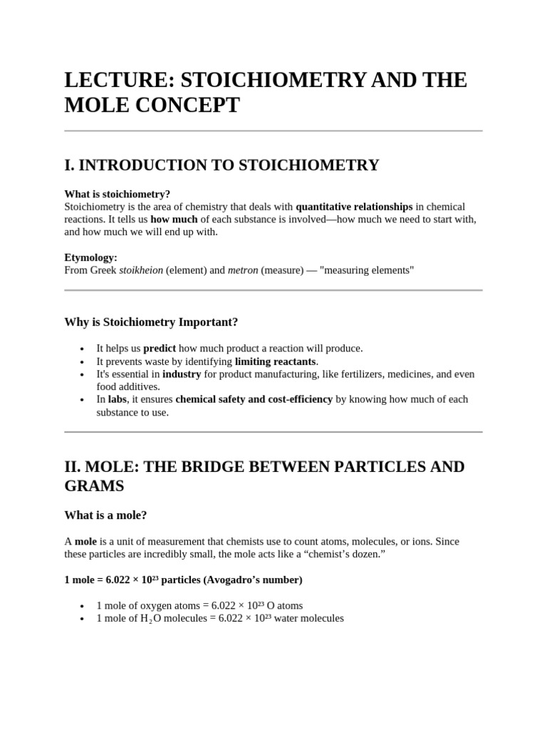 Lecture Stoichiometry and the Mole Concept | PDF | Stoichiometry | Mole ...