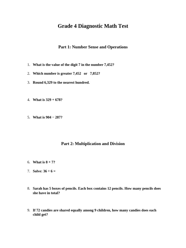 Grade 4 Diagnostic Math Test | PDF