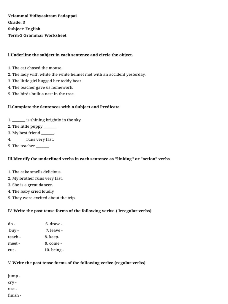 Grade - 3 English Term 2 Grammar Portion Worksheet | PDF | Subject ...