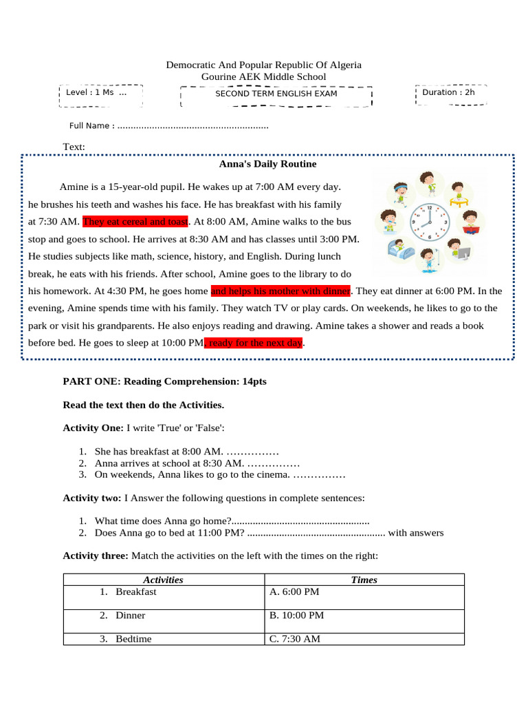 Second Term English Exam 1ms | PDF