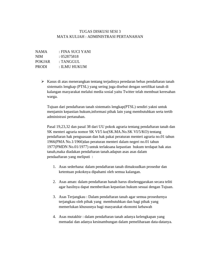 TUGAS DISKUSI SESI 3 ADMINISTRASI PERTANAHAN | PDF