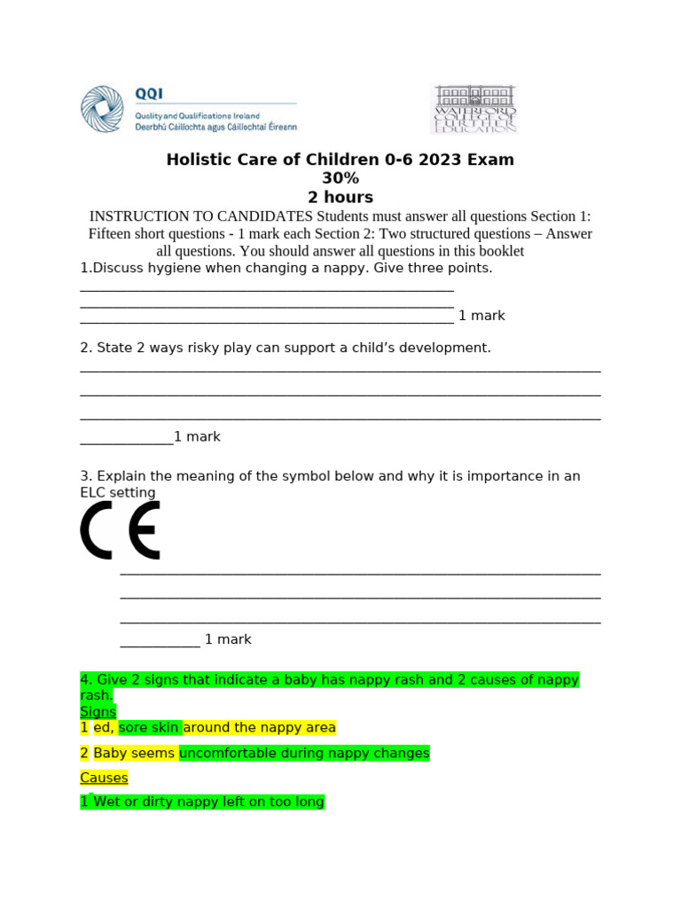 Holistic Childcare Exam Overview | PDF | Hand Washing | Asthma