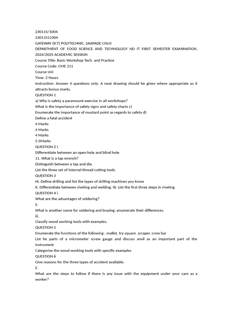 Basic Workshop Tech Exam Questions | PDF