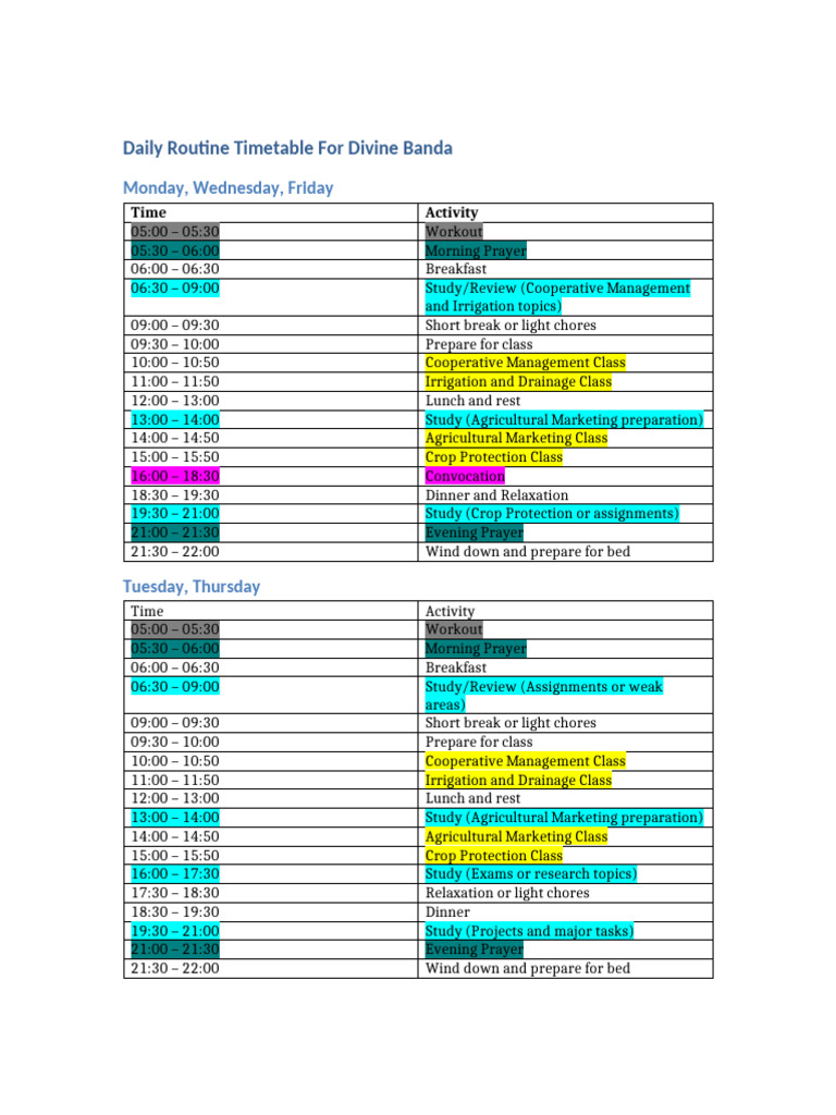 Daily Routine Timetable | PDF