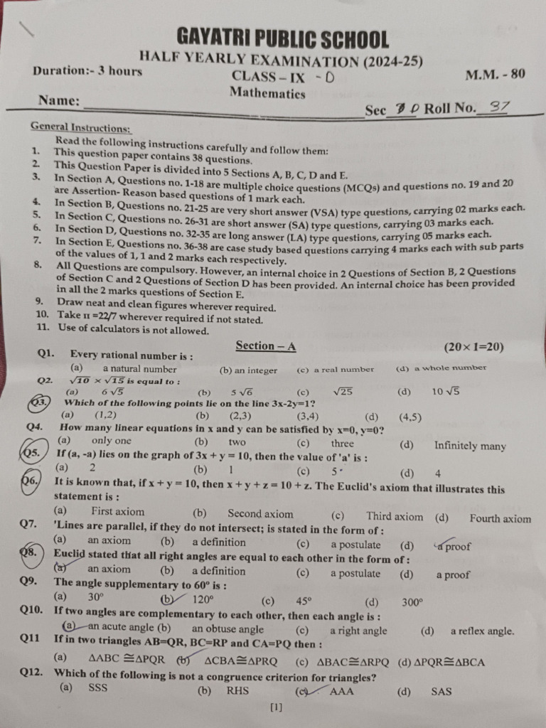 9th Class Maths Question Paper Half Yearly | PDF