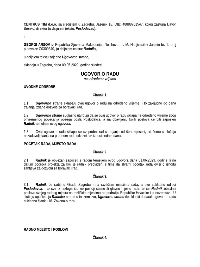 Ugovor o radu na odredjeno vrijeme_GEORGI ARSOV_UVJETNO (1) | PDF