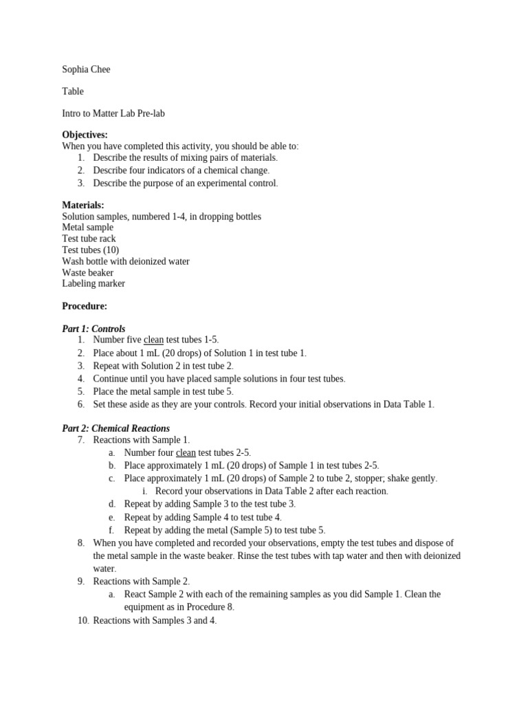 Lab - Intro To Chem (Full Directions) | PDF