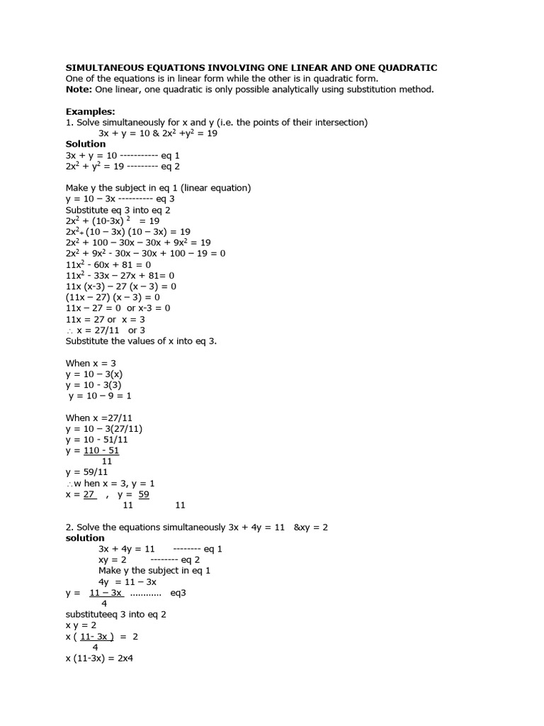 9415 - Simultaneous Equations Involving One Linear and One Quadratic ...