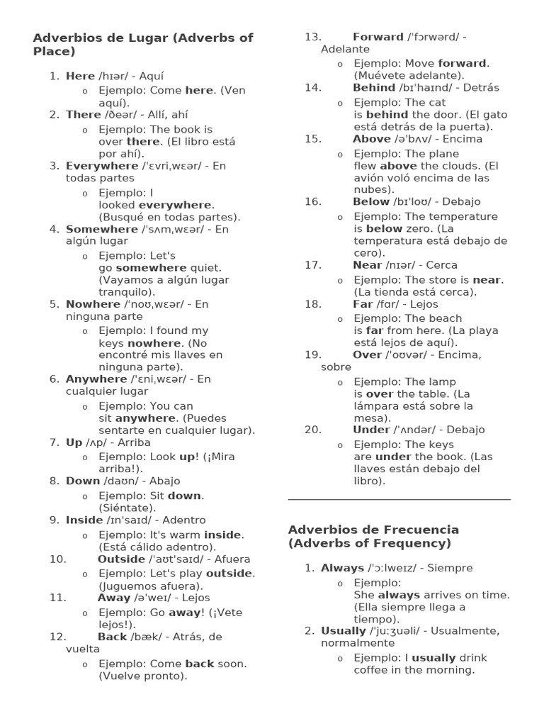 Adverbios de Lugar y de Frrecuencia | PDF