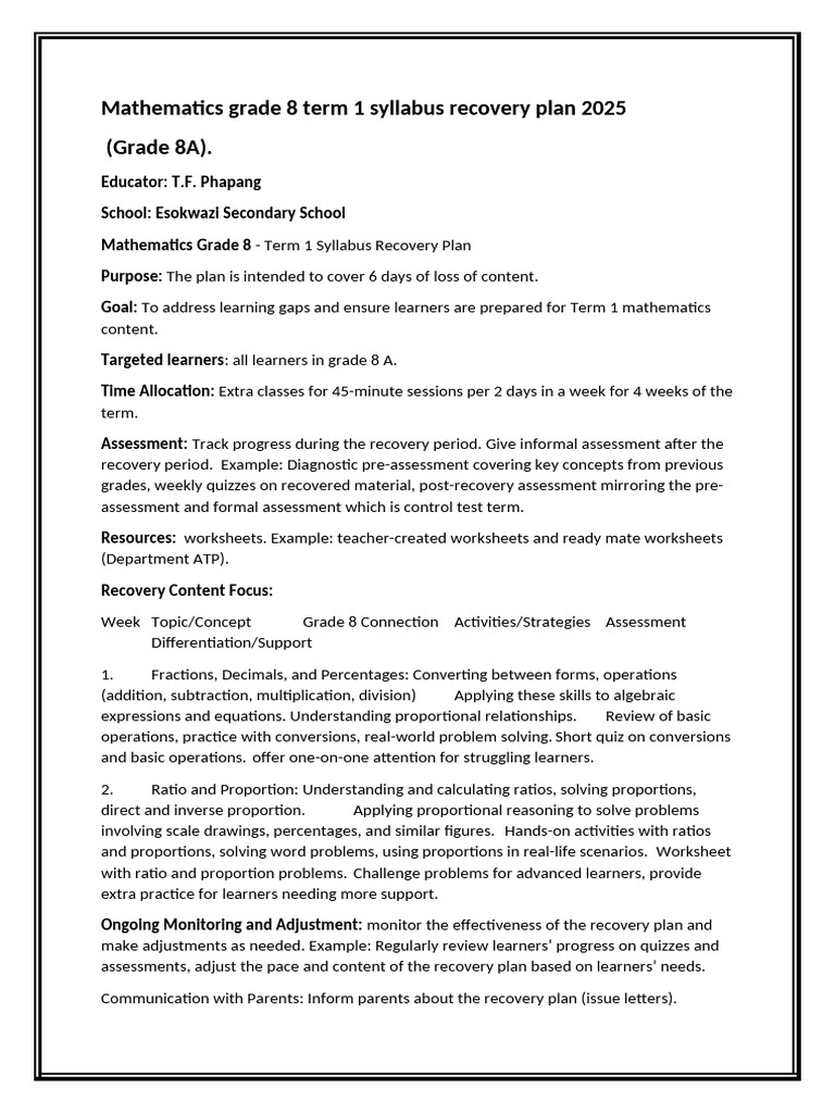 Mathematics Recovery Plan Term 1 | PDF | Learning | Mathematics