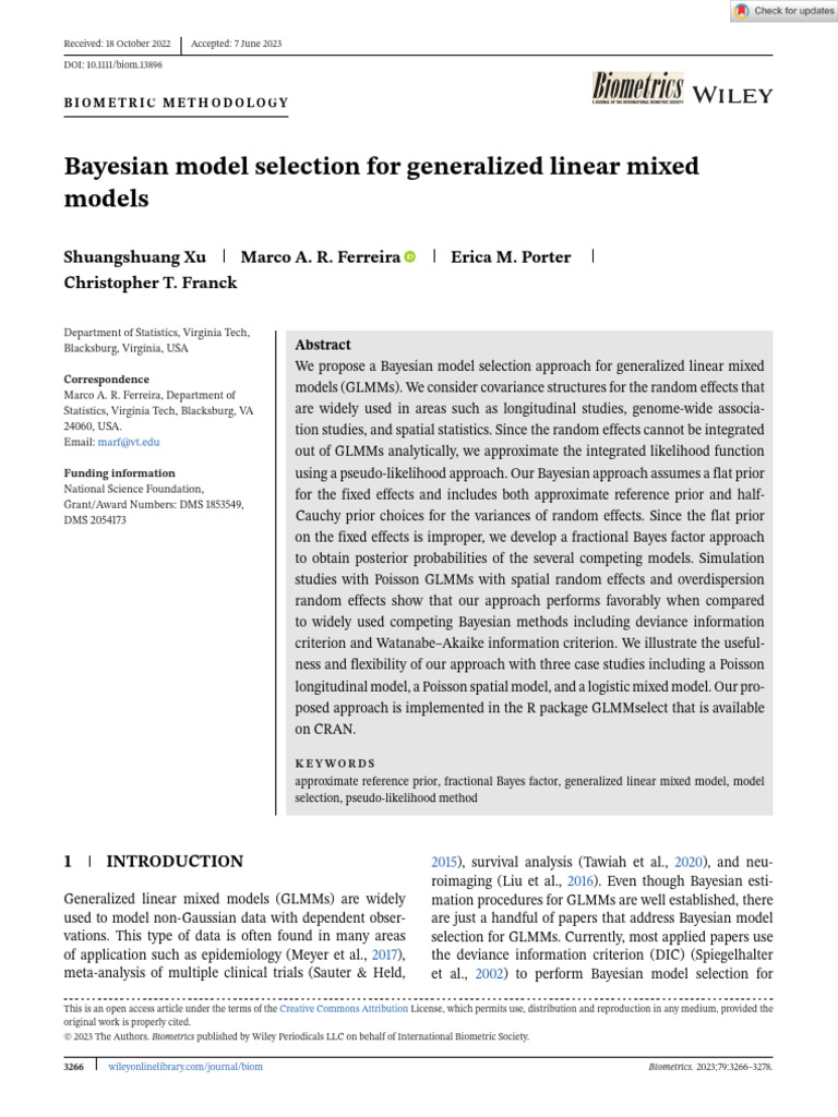 Biometrics - 2023 - Xu - Bayesian Model Selection for Generalized Linear Mixed Models | PDF ...