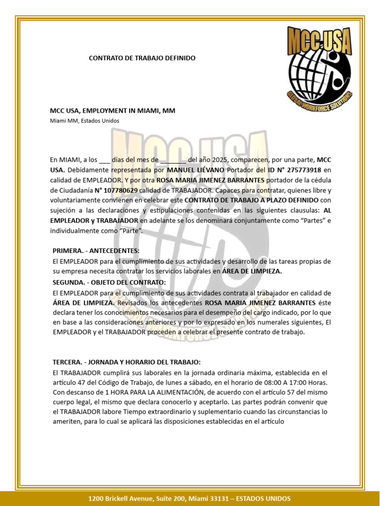 Contrato Laboral Definido Rosa Maria Jimenez Barrantes | PDF | Derecho ...