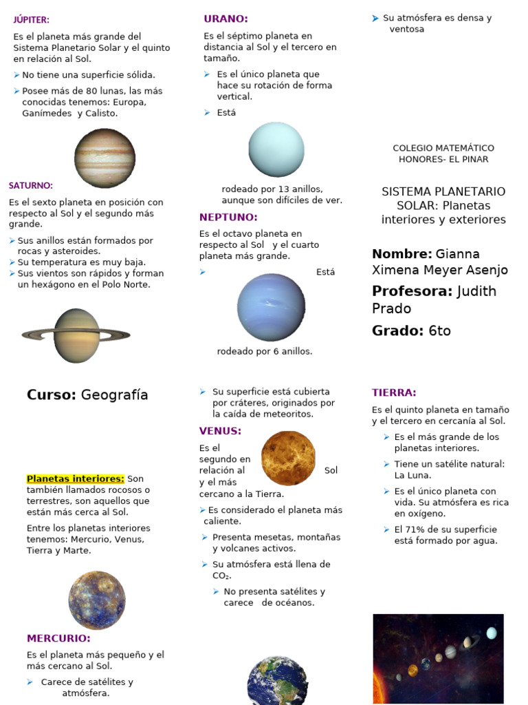 Triptico Geografía Sistema Solar-Planetas Interiores y Exteriores | PDF | Planetas | Júpiter