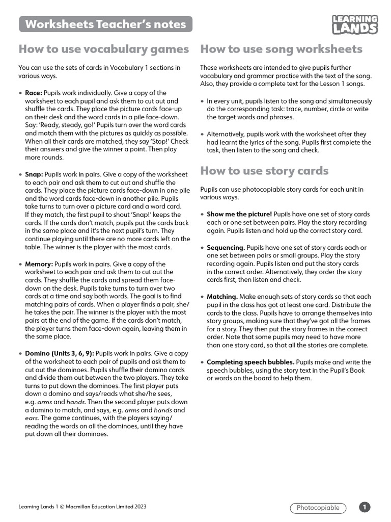 LL1 Worksheets Vocabulary Complete | PDF | French Fries