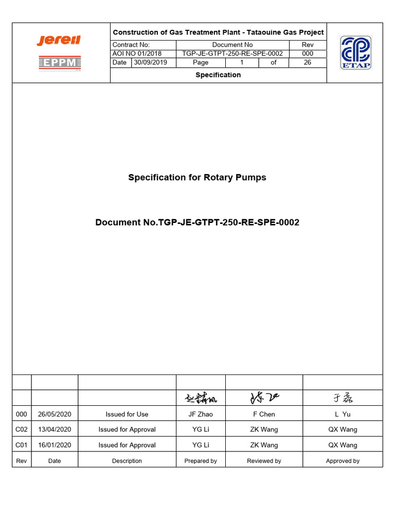 TGP-JE-GTPT-250-RE-SPE-0002 - 000 - Specification For Rotary Pumps | PDF | Pump | Pipe (Fluid ...