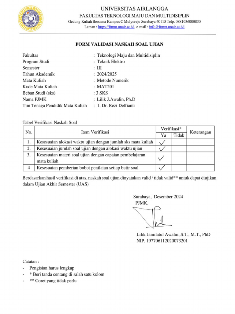Berita Acara Validasi Naskah Soal Ujian Metode Numerik Uas - Copy (9) - Signed | PDF
