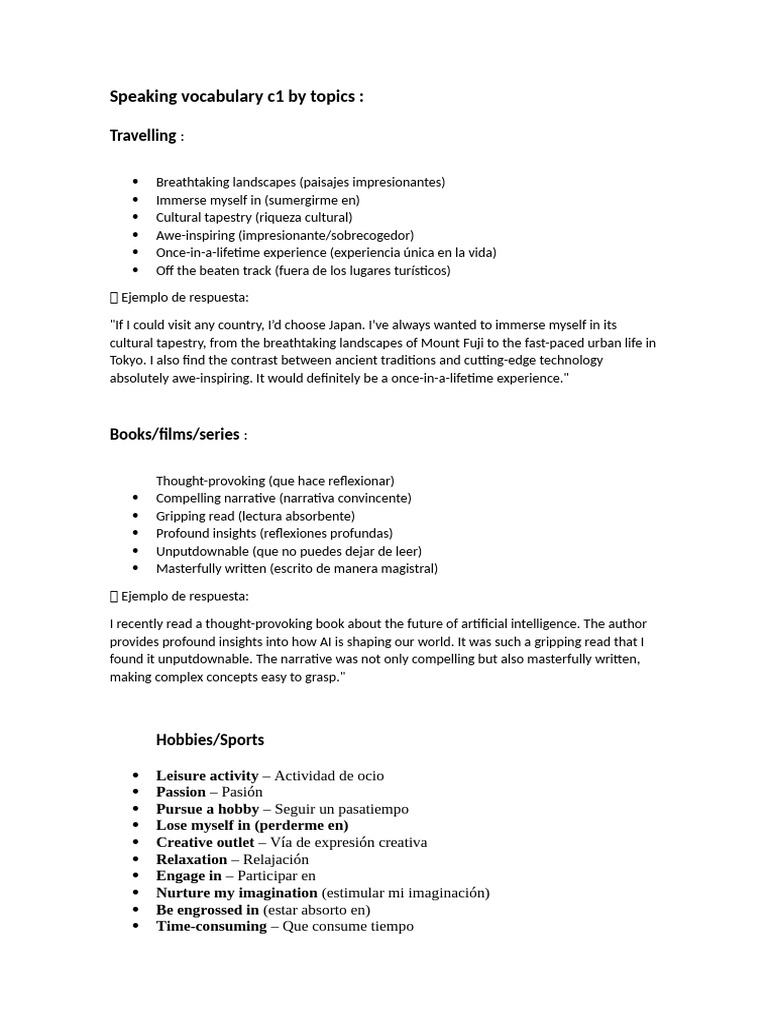 Speaking Vocabulary c1 by Topics | PDF | Recreation | Physical Fitness