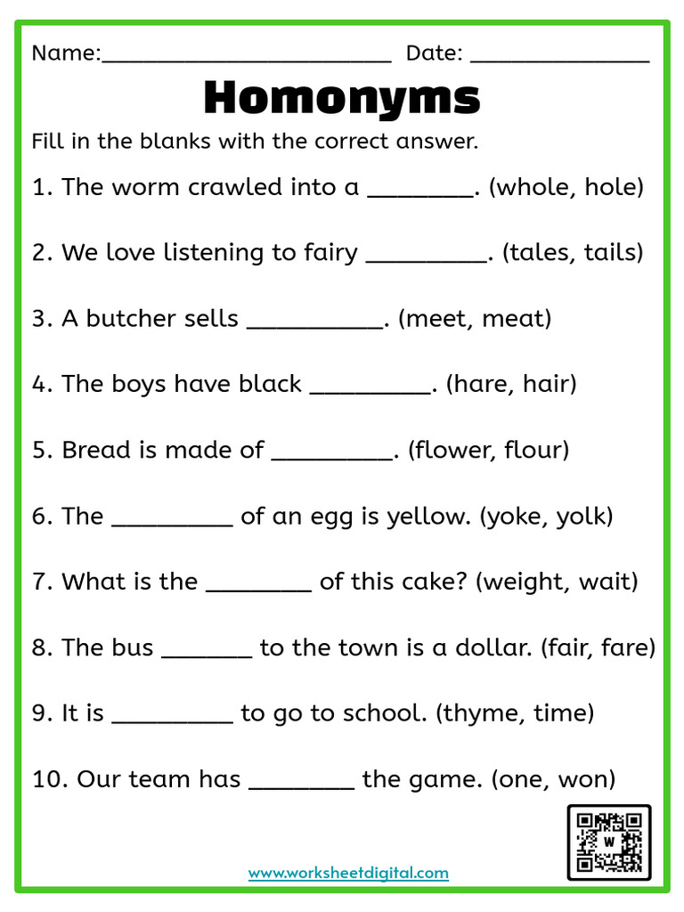 Homonyms Fill-in-the-Blank Worksheet | PDF