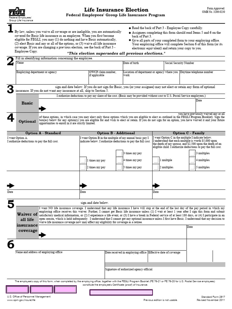 FEGLI Life Insurance Election Form 2817 | PDF | Insurance | Financial ...