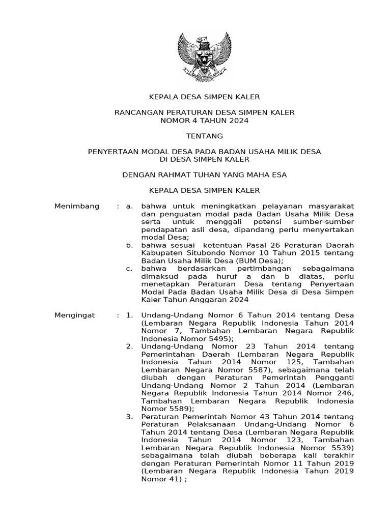 Contoh Perdes Penyertaan Modal BUM Desa | PDF