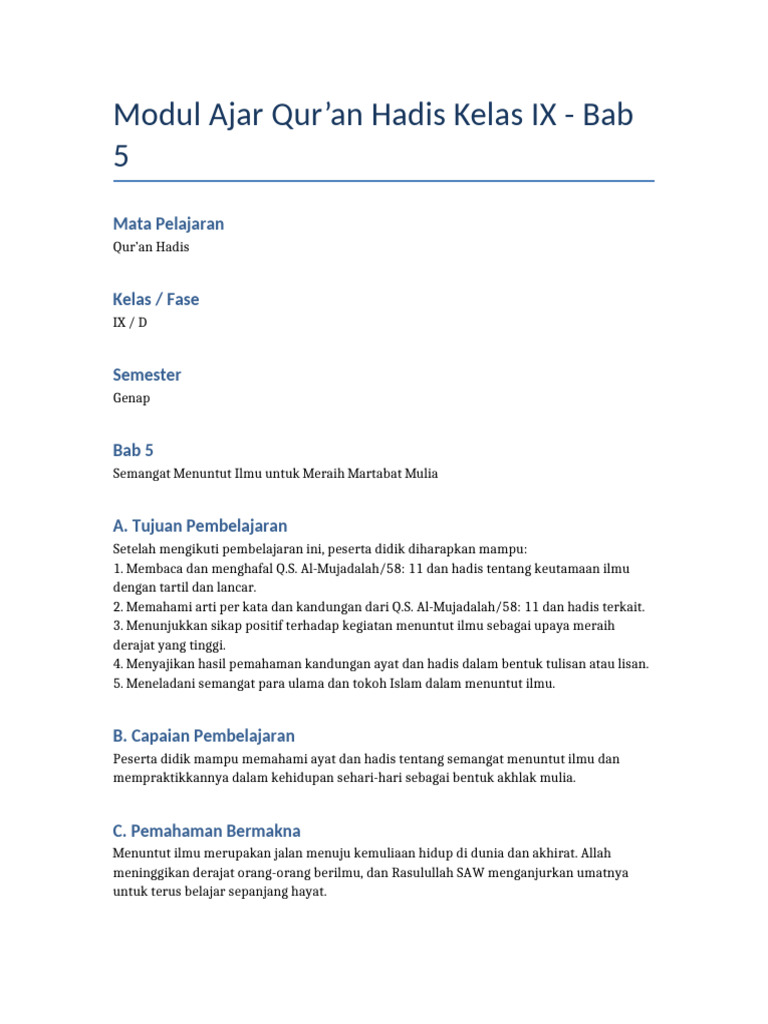 Modul Ajar Qurdis Kelas IX Bab 5 | PDF