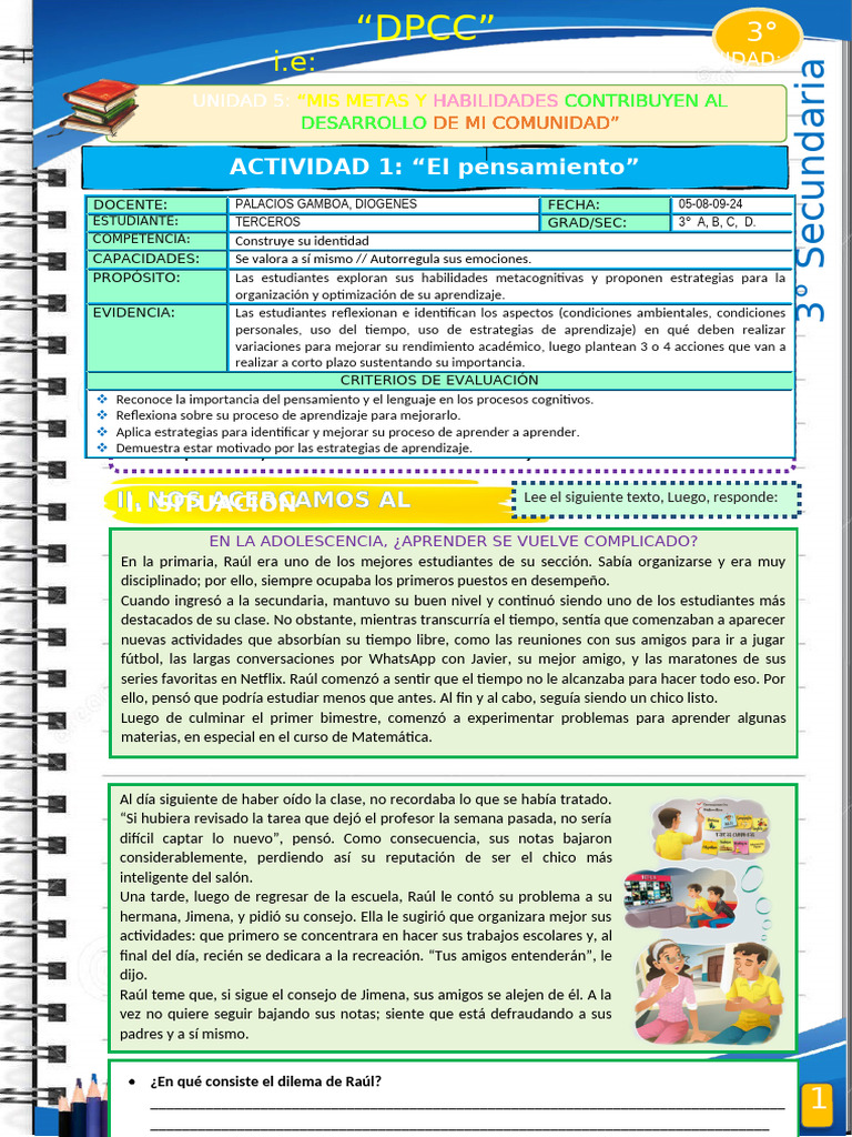 3° DPCC - Actv.01-Unid.5 2023 | PDF | Pensamiento | Aprendizaje
