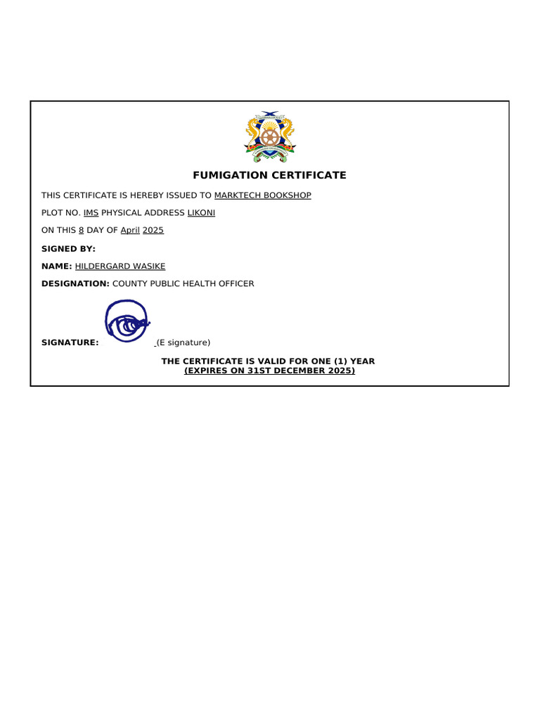 Business Fumigation Certificate | PDF