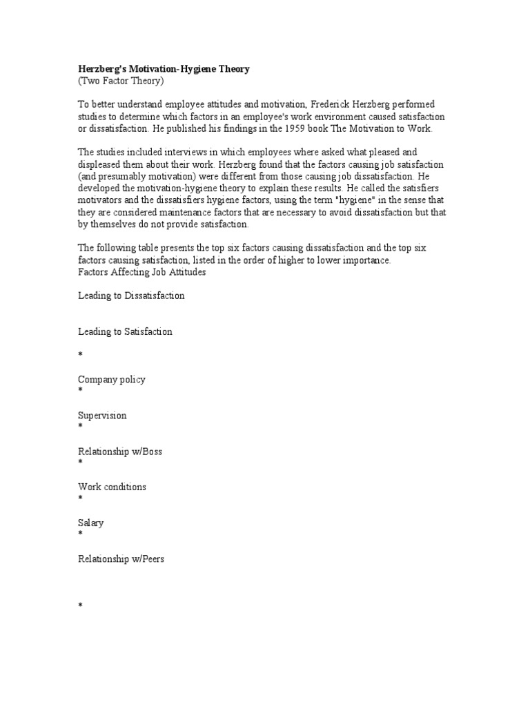 Herzberg's Motivation-Hygiene Theory Explained | PDF | Motivation ...