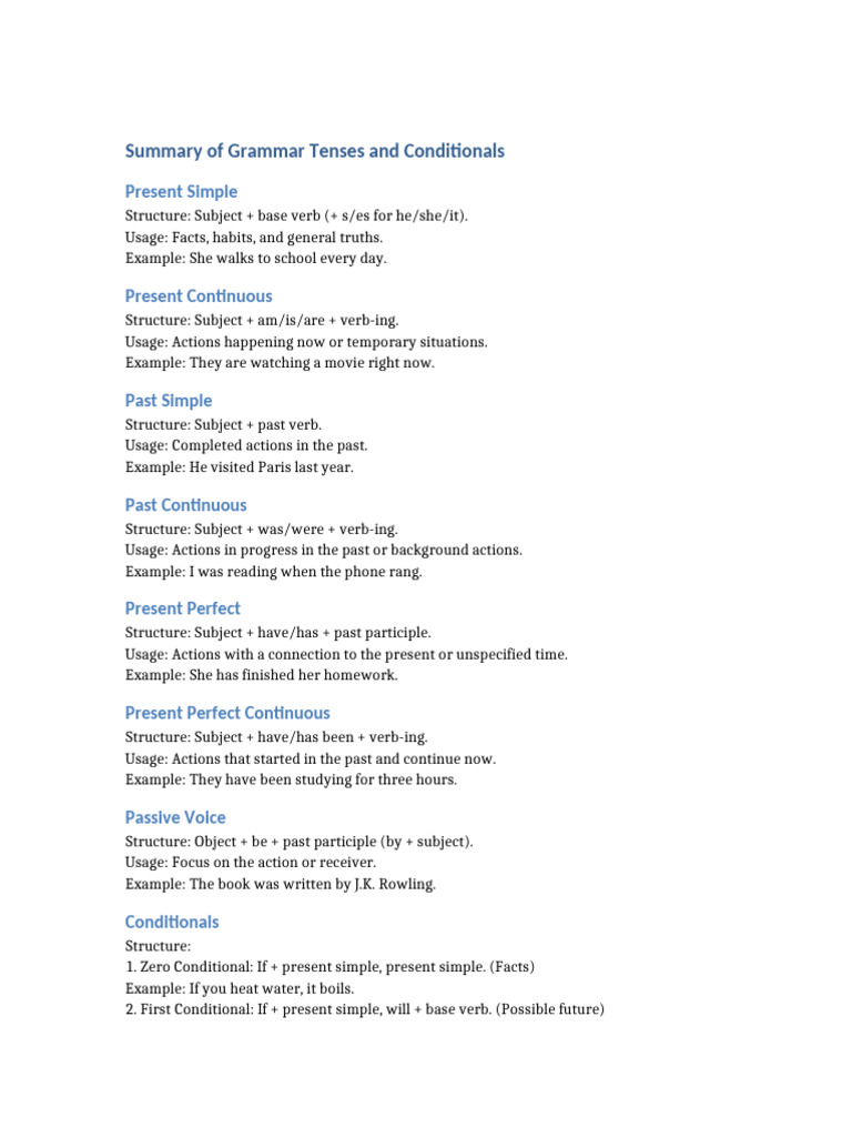 Grammar Tenses and Conditionals Guide | PDF