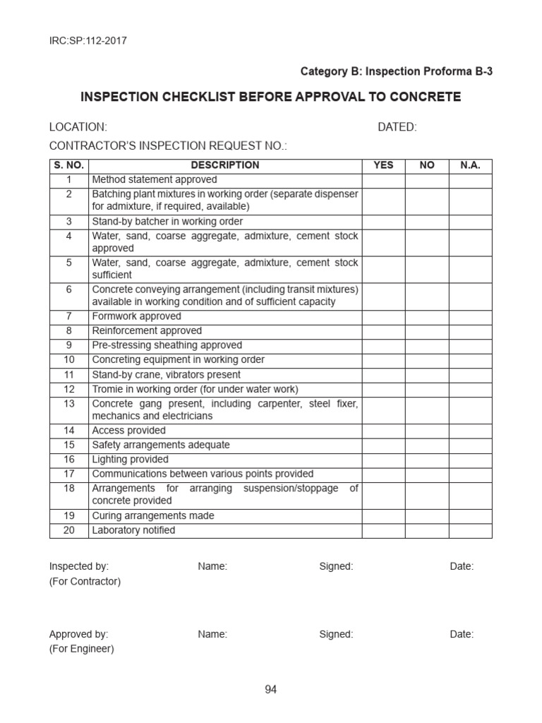 INSPECTION CHECKLIST BEFORE APPROVAL TO CONCRETE | PDF