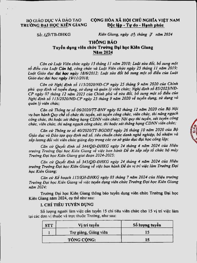 Thong Bao Tuyen Dung Vien Chuc Nam 2024 Truong DHK - 240711 - 175153 | PDF