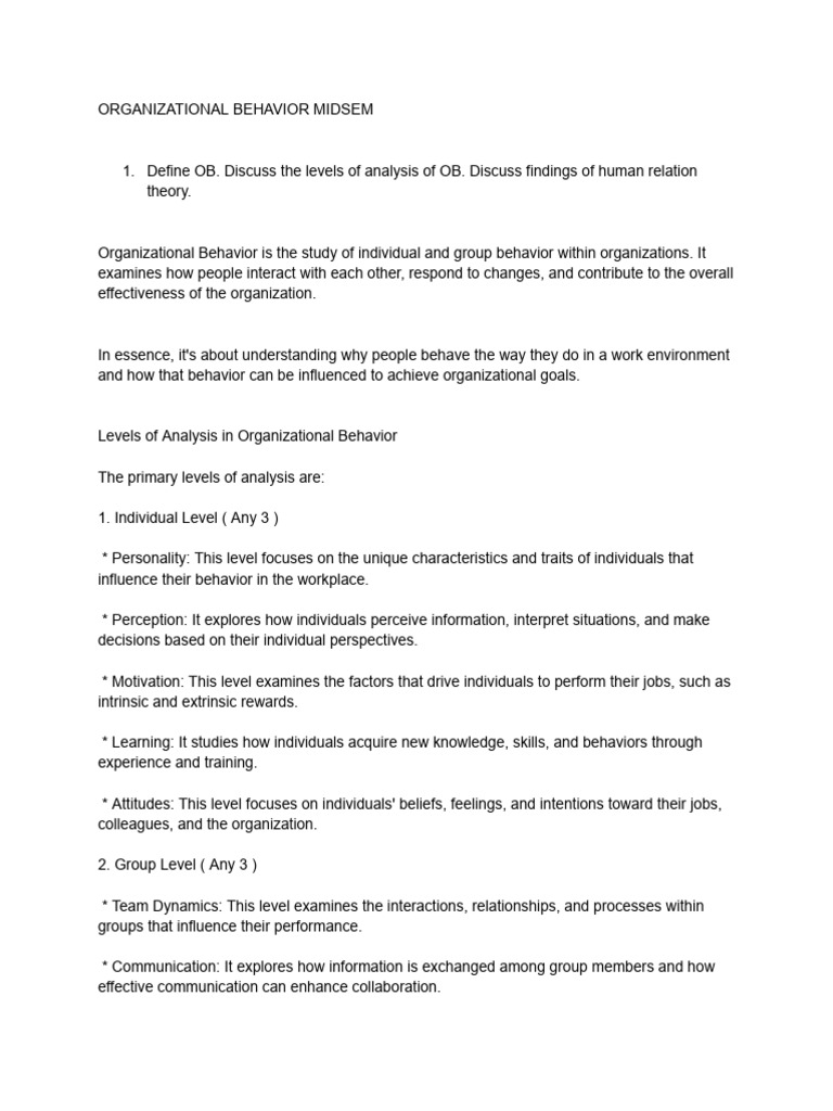Organizational Behavior Midsem | PDF | Attitude (Psychology) | Leadership