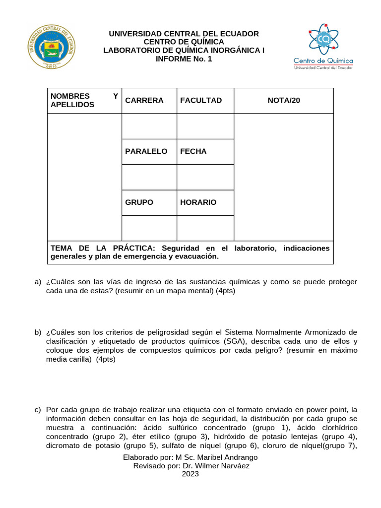 Informe P1 Seguridad en El Laboratorio | PDF | Ácido | Cloruro