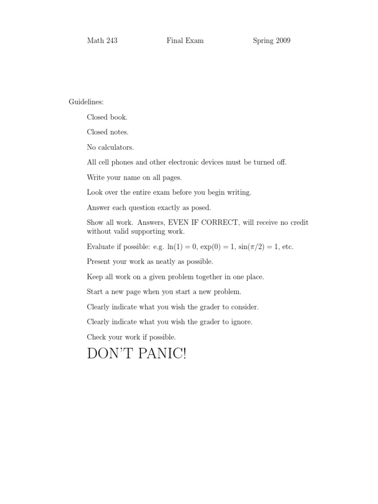 Math 243 Spring 2009 Final Exam Guidelines | PDF | Teaching Methods ...