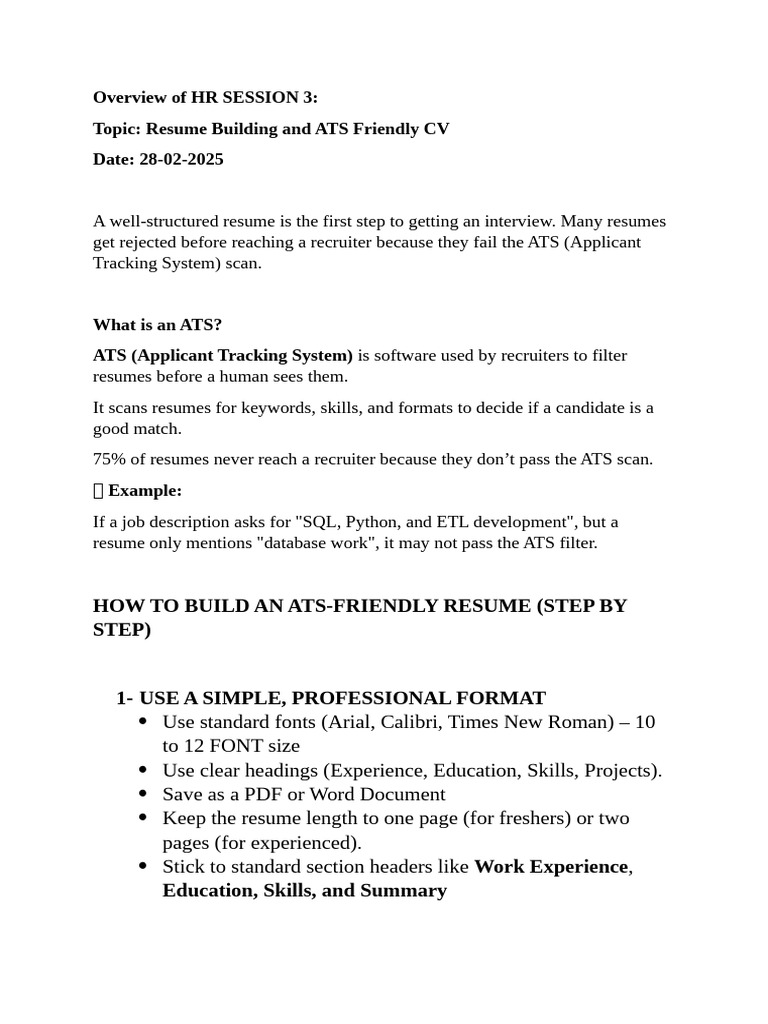 Overview of HR SESSION 3 - ATS Friendly Resume Building | PDF